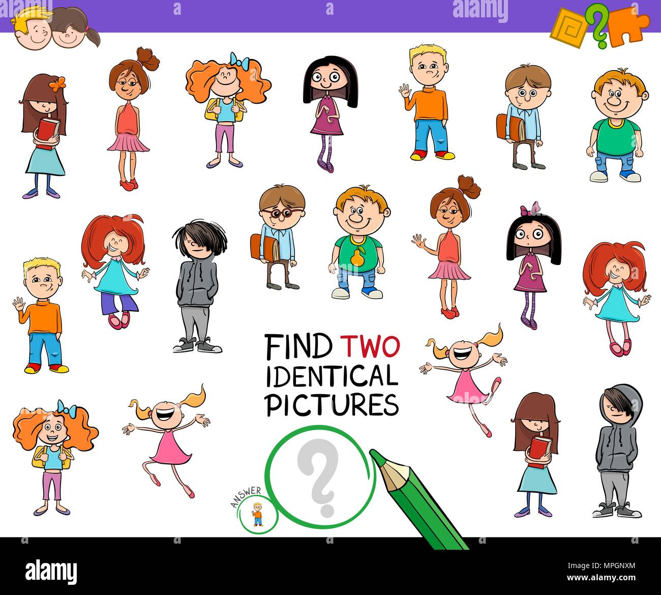 Cartoon Illustration of Finding Two Identical Pictures Educational Game ...