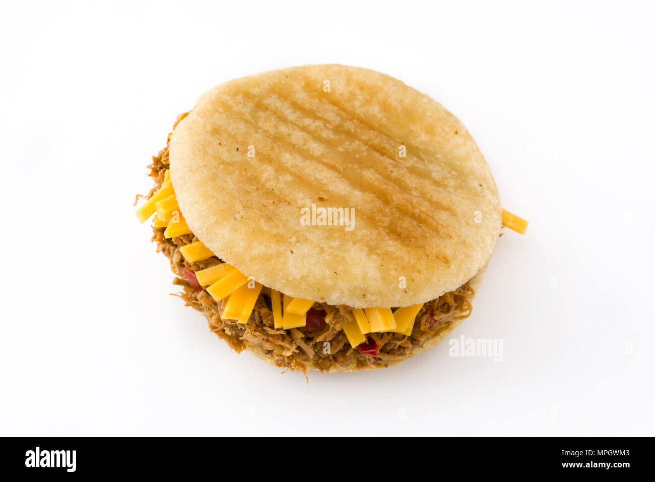 Arepa with shredded beef and cheese isolated on white background ...