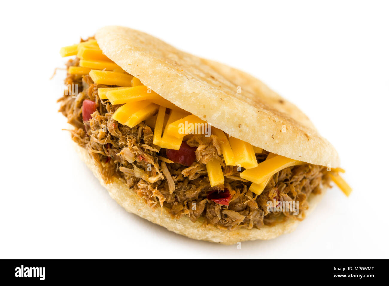 Arepa with shredded beef and cheese isolated on white background ...