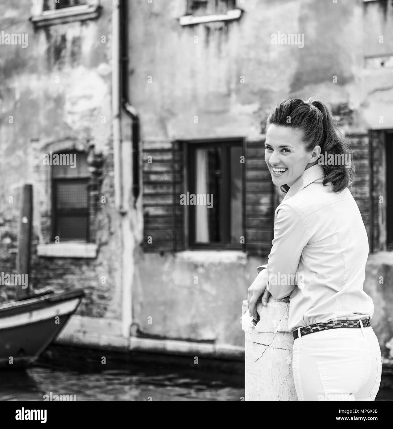 Happy woman on journey Black and White Stock Photos & Images - Alamy