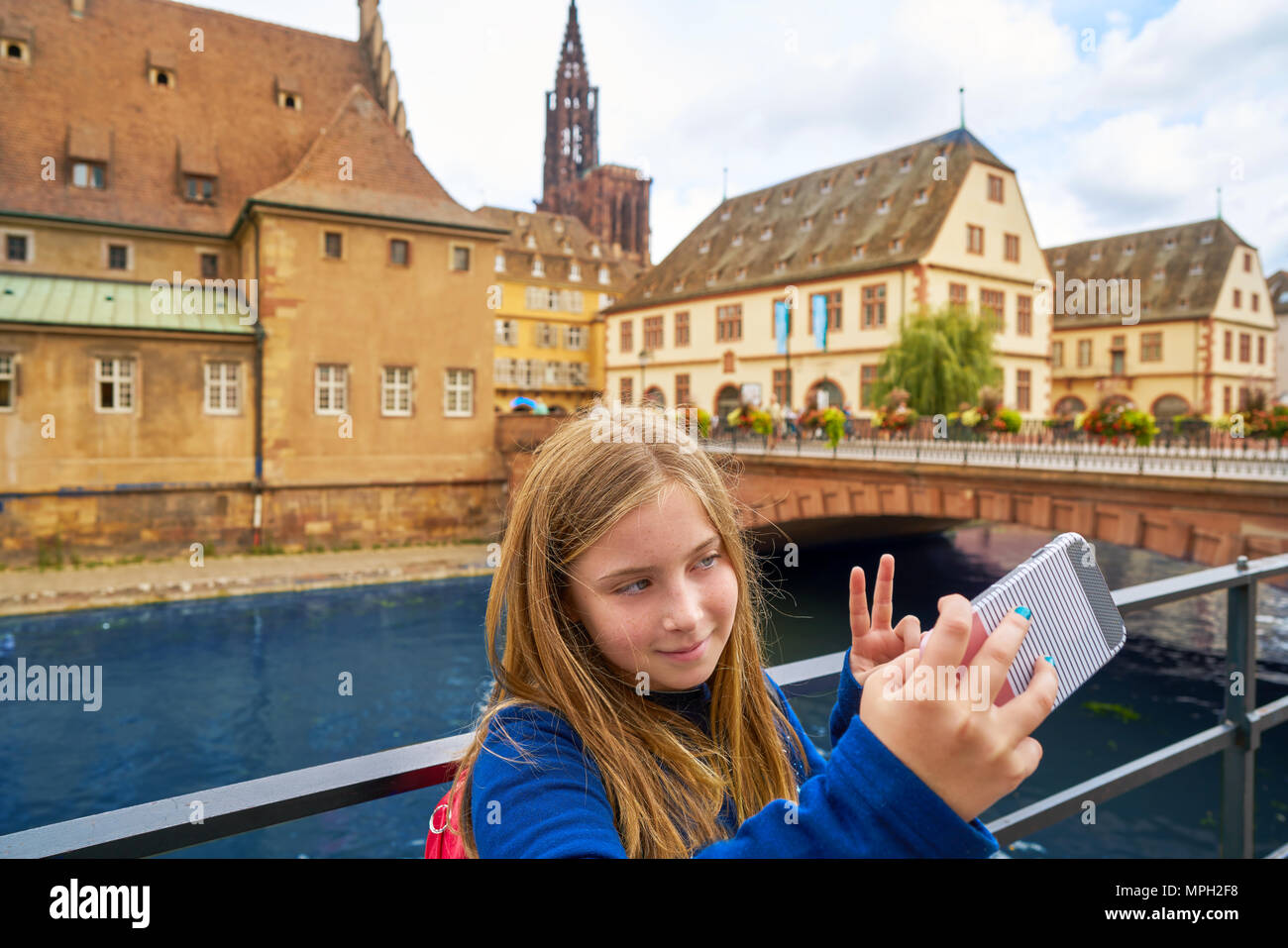 Strasbourg city kid girl selfie tourist photo in Alsace France Stock ...
