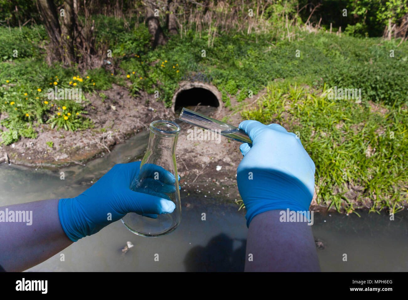 Check the water sample for infections. Hand in a glove with a bulb and ...
