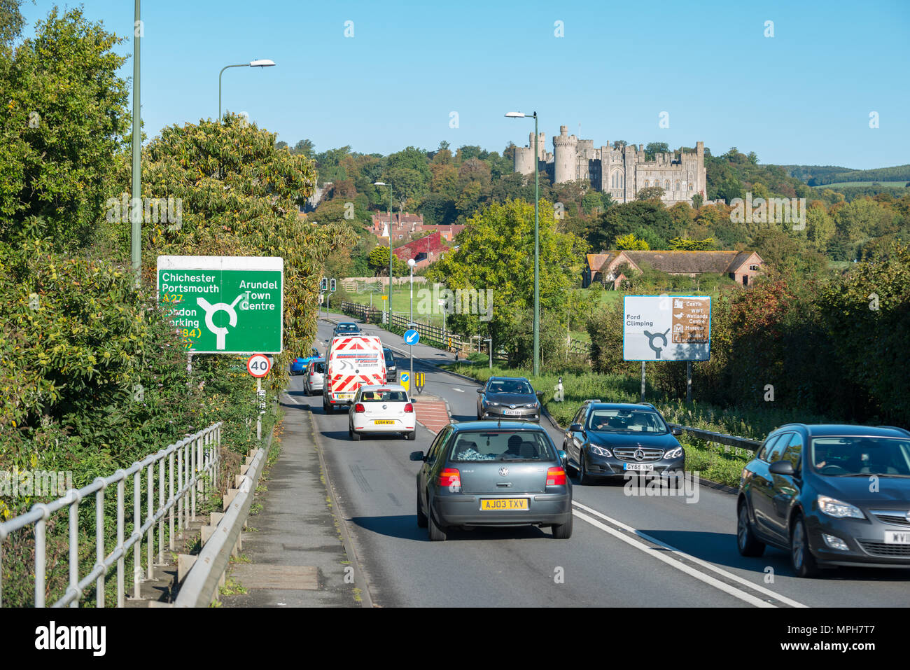 Vehicles travelling along the Arundel bypass, the A27 road, near to ...