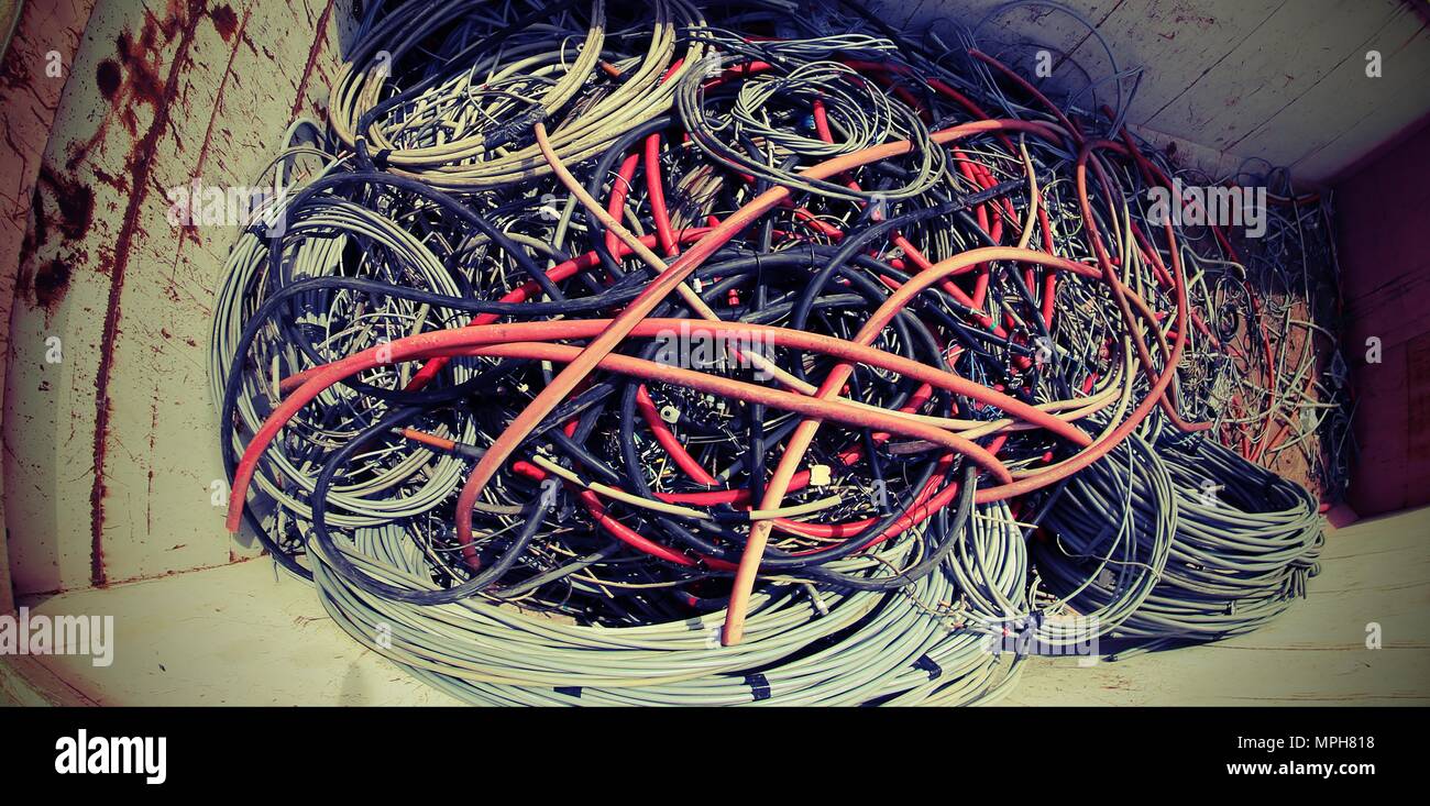 many elettrical insulated cables in the recycling center photographed ...