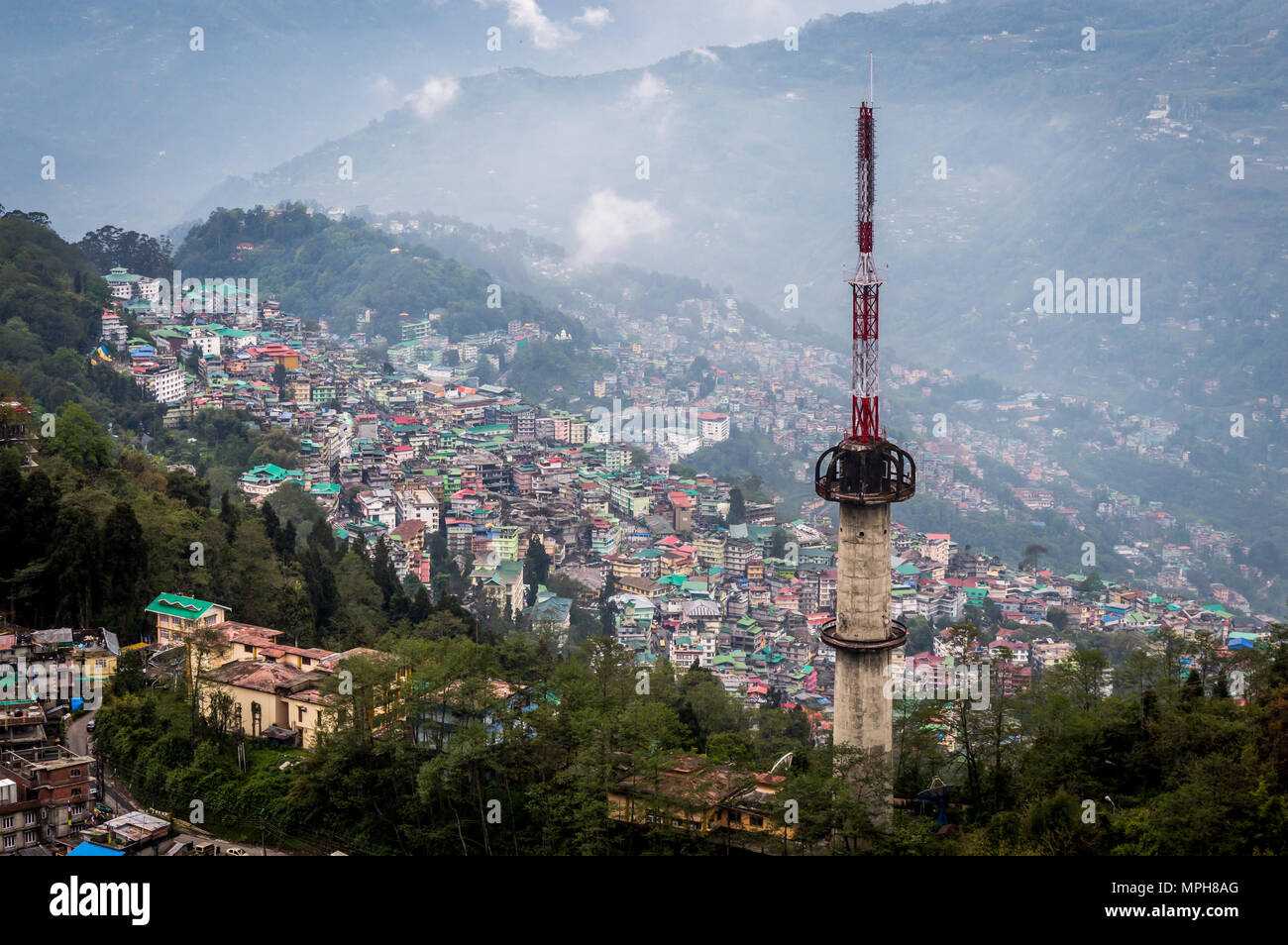 Bird's eye view of Gangtok downtown from Ganesh Tok, Sikkim, India ...