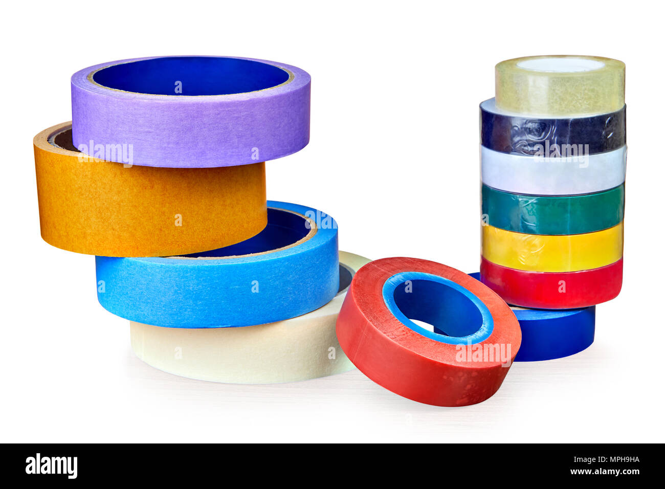 Two stacks of colorful rolls of duct tape isolated on white background ...