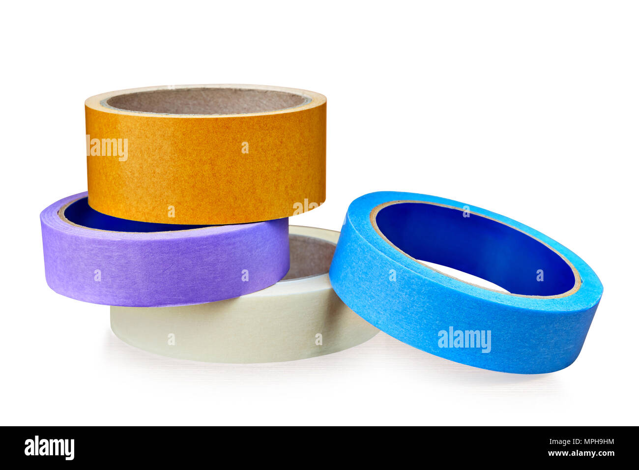 Rolls of multi-colored paper and plastic adhesive tape isolated on ...