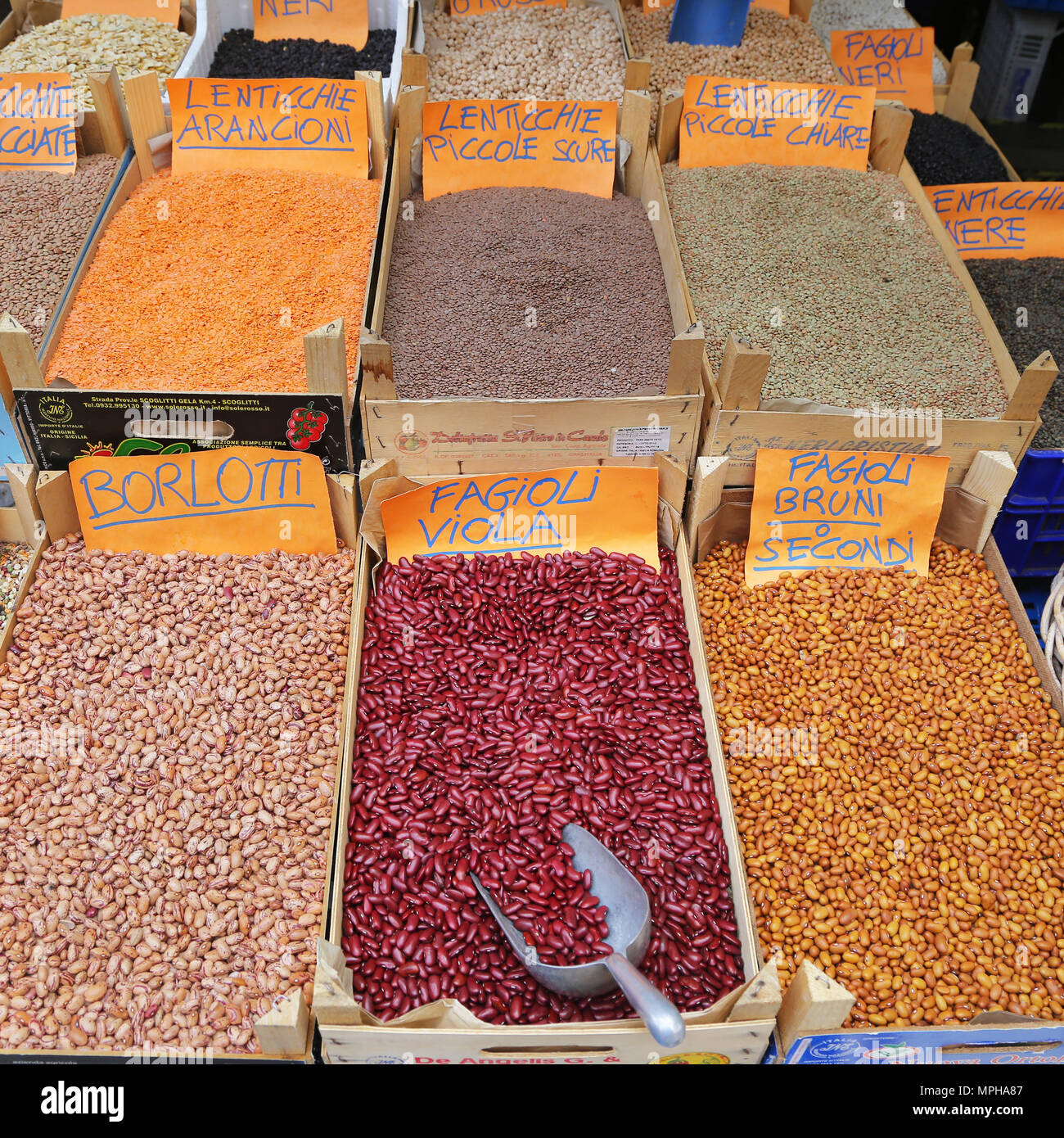 close up of colorful raw legumes, with red kidney beans, green peas ...