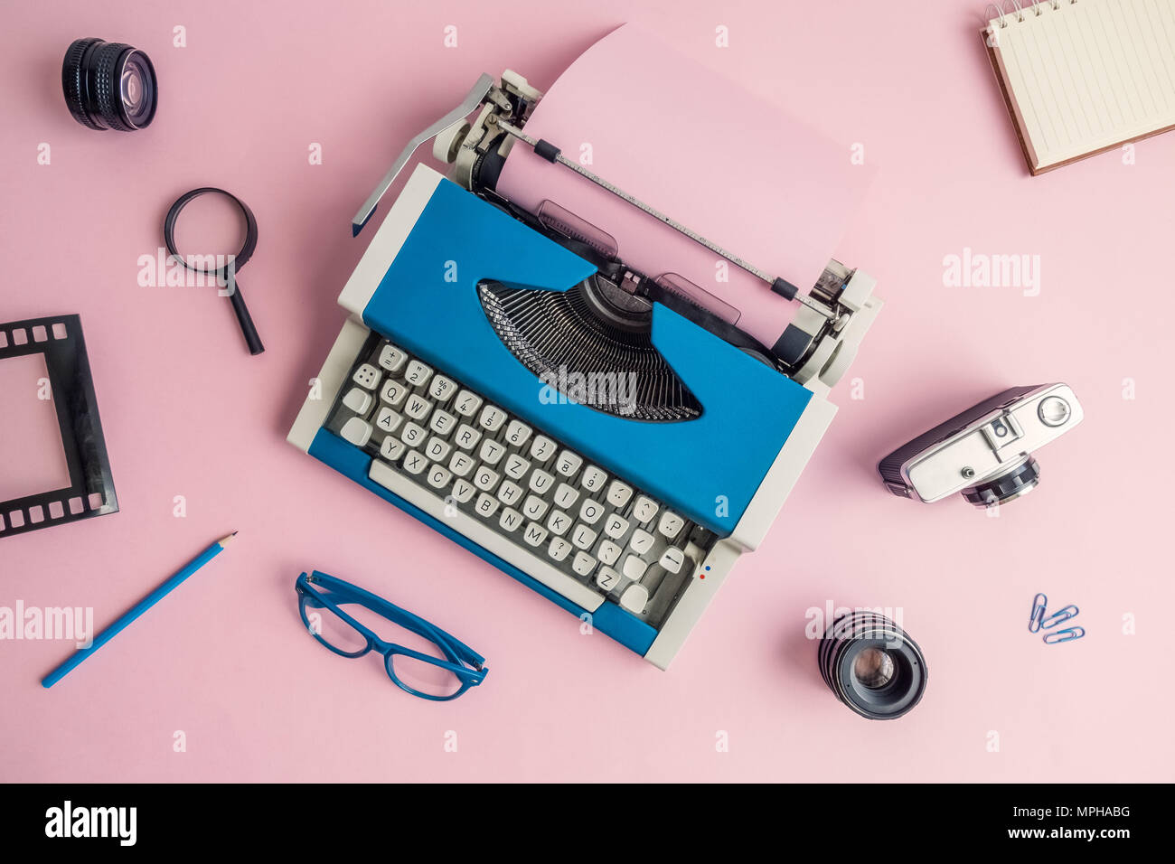 Retro journalist workplace desk minimal creative concept Stock Photo ...