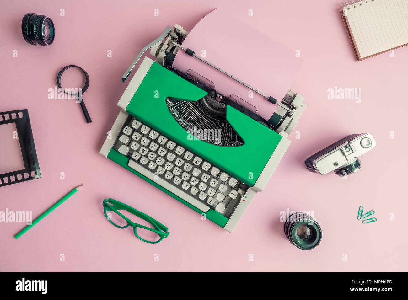 Retro journalist workplace desk minimal creative concept Stock Photo ...