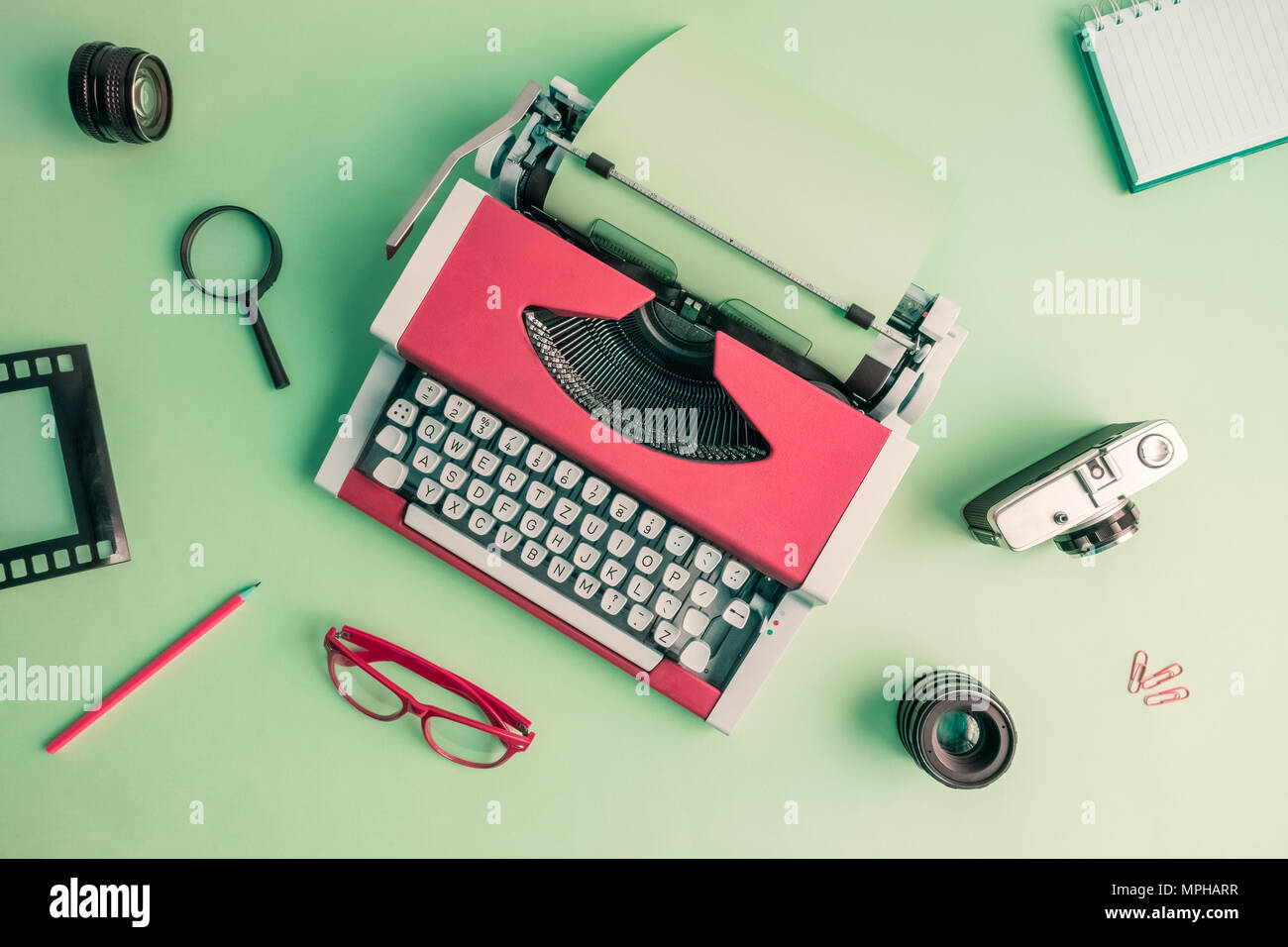 Retro journalist workplace desk minimal red and green creative concept ...
