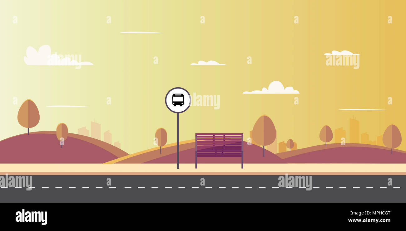 Bus stop of main street city on sunset. Bus stop. signs and icons in ...