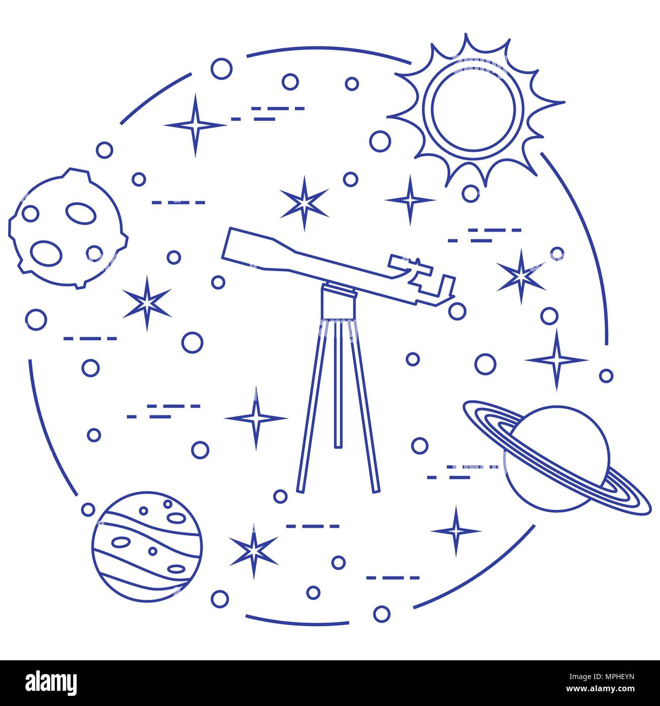 Science: telescope, sun, moon, planets, stars. Space exploration ...