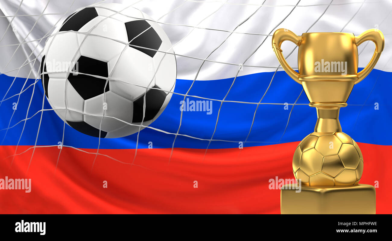 soccer ball russia 3d rendering with golden trophy Stock Photo - Alamy