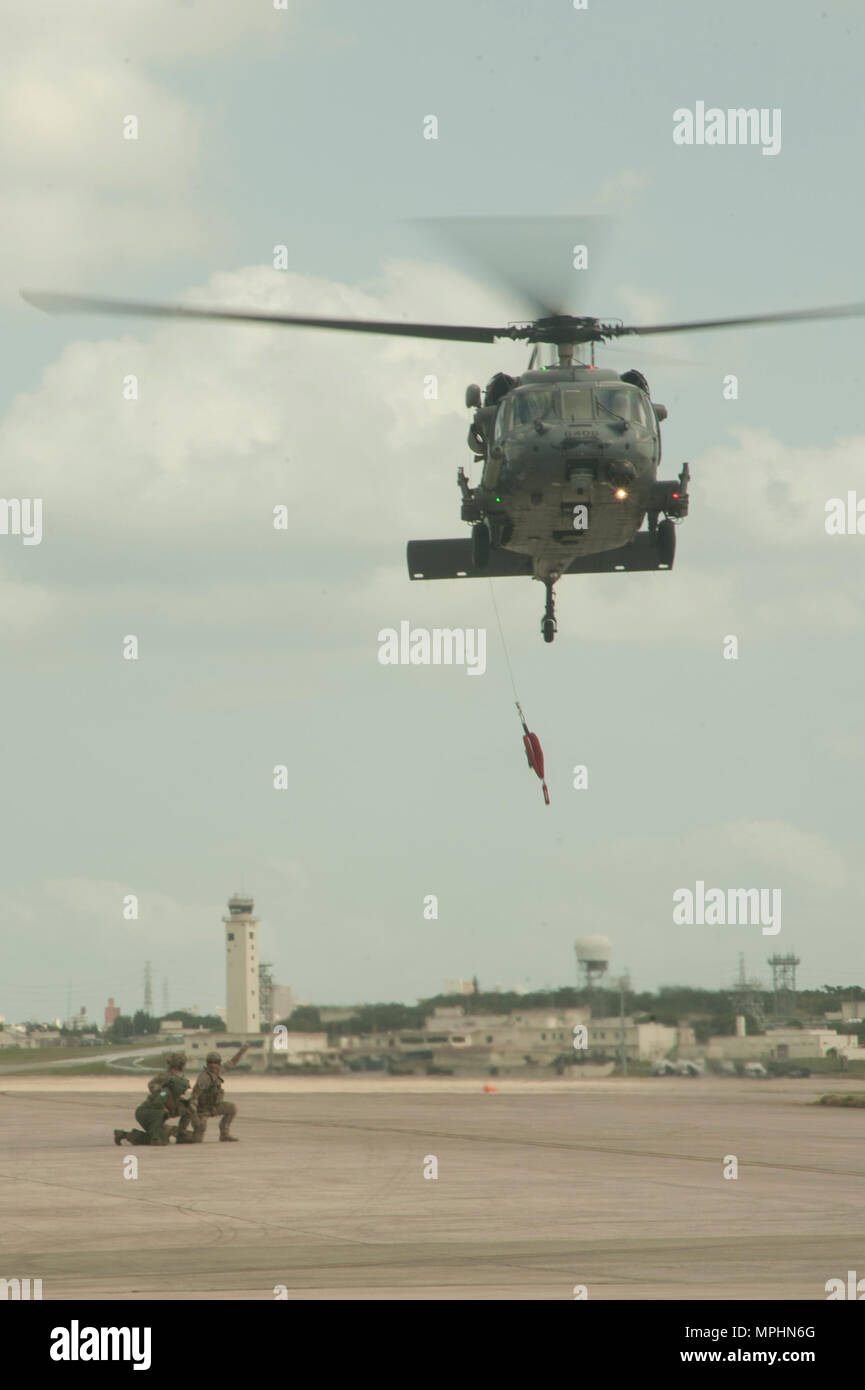 U.S. Air Force Airmen assigned to the 33rd Rescue Squadron demonstrate ...
