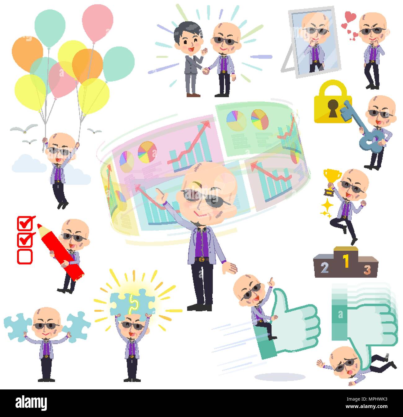 Set of various poses of Japanese mafia yakuza men success & positive ...