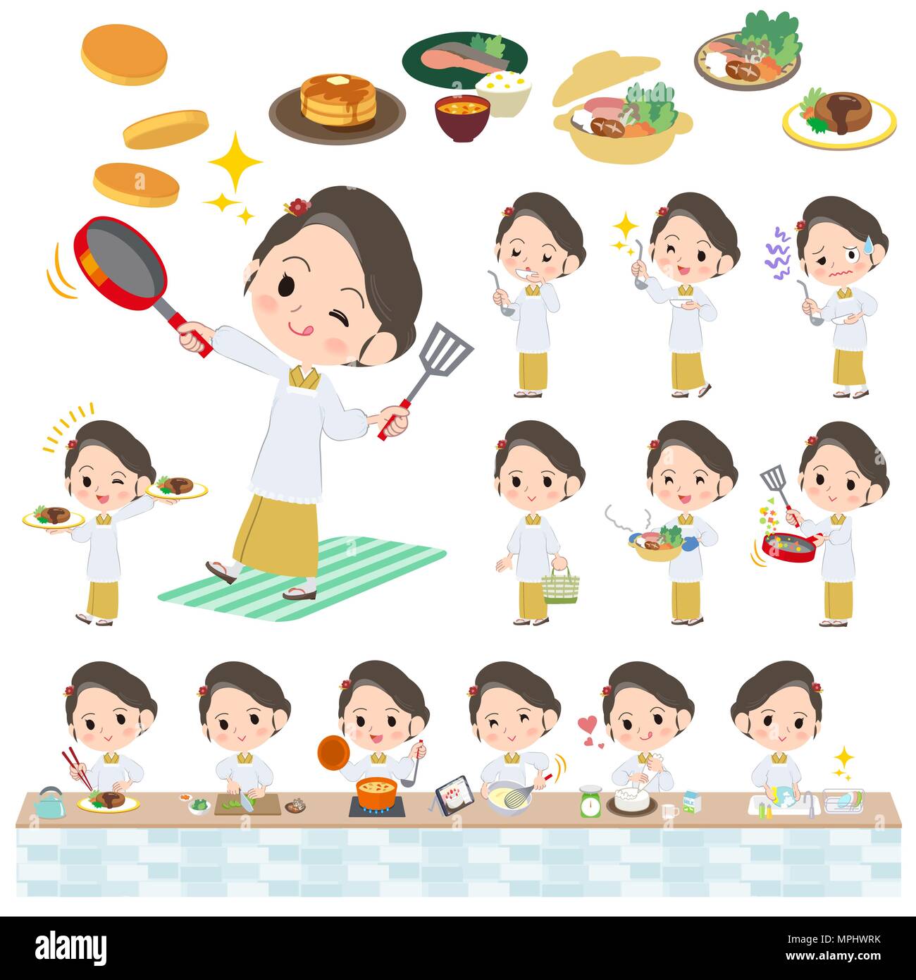 Set of various poses of kimono Yellow ocher woman cooking Stock Vector ...