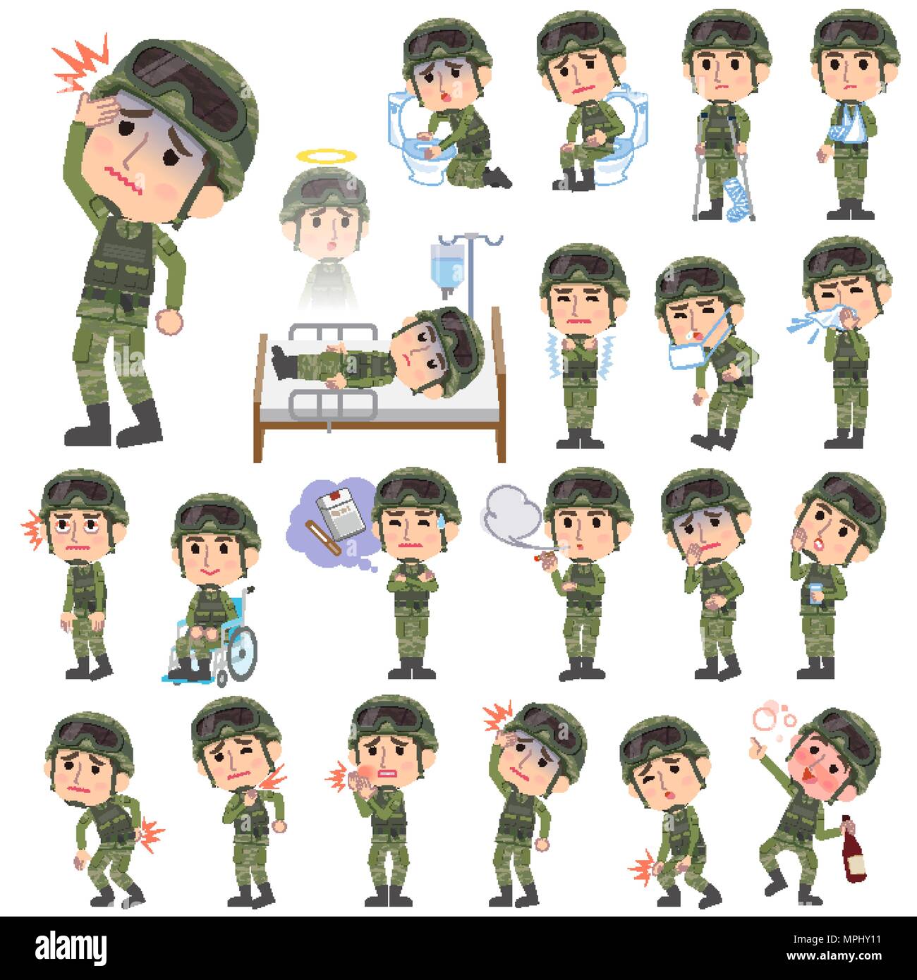 Set of various poses of military wear man sickness Stock Vector Image ...