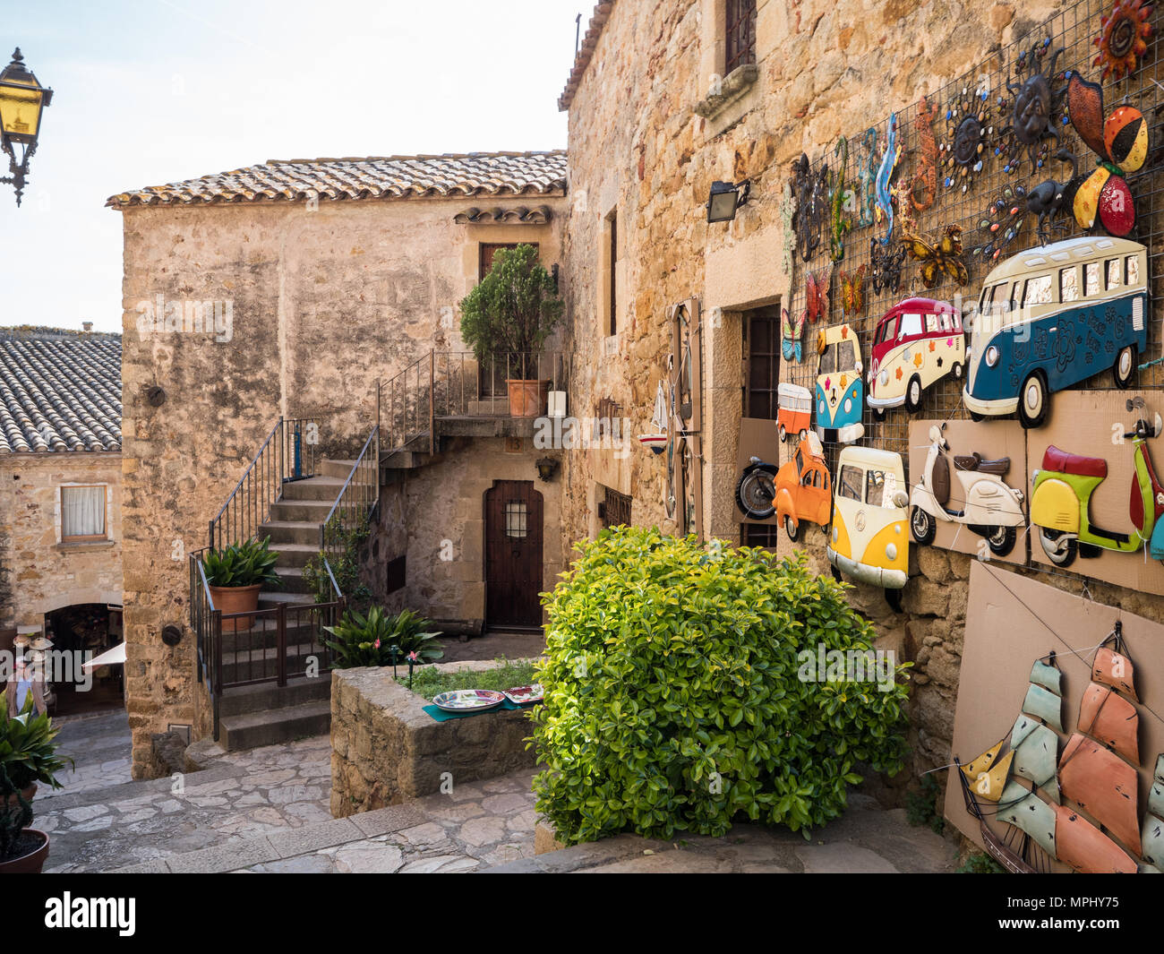 Pals, Spain - March 18, 2017: View of the architecture and a shop in ...