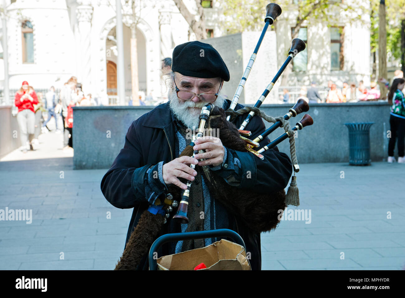 Moscow,Russia, May 9, 2018 portrait of a man playing the bagpipe Stock ...
