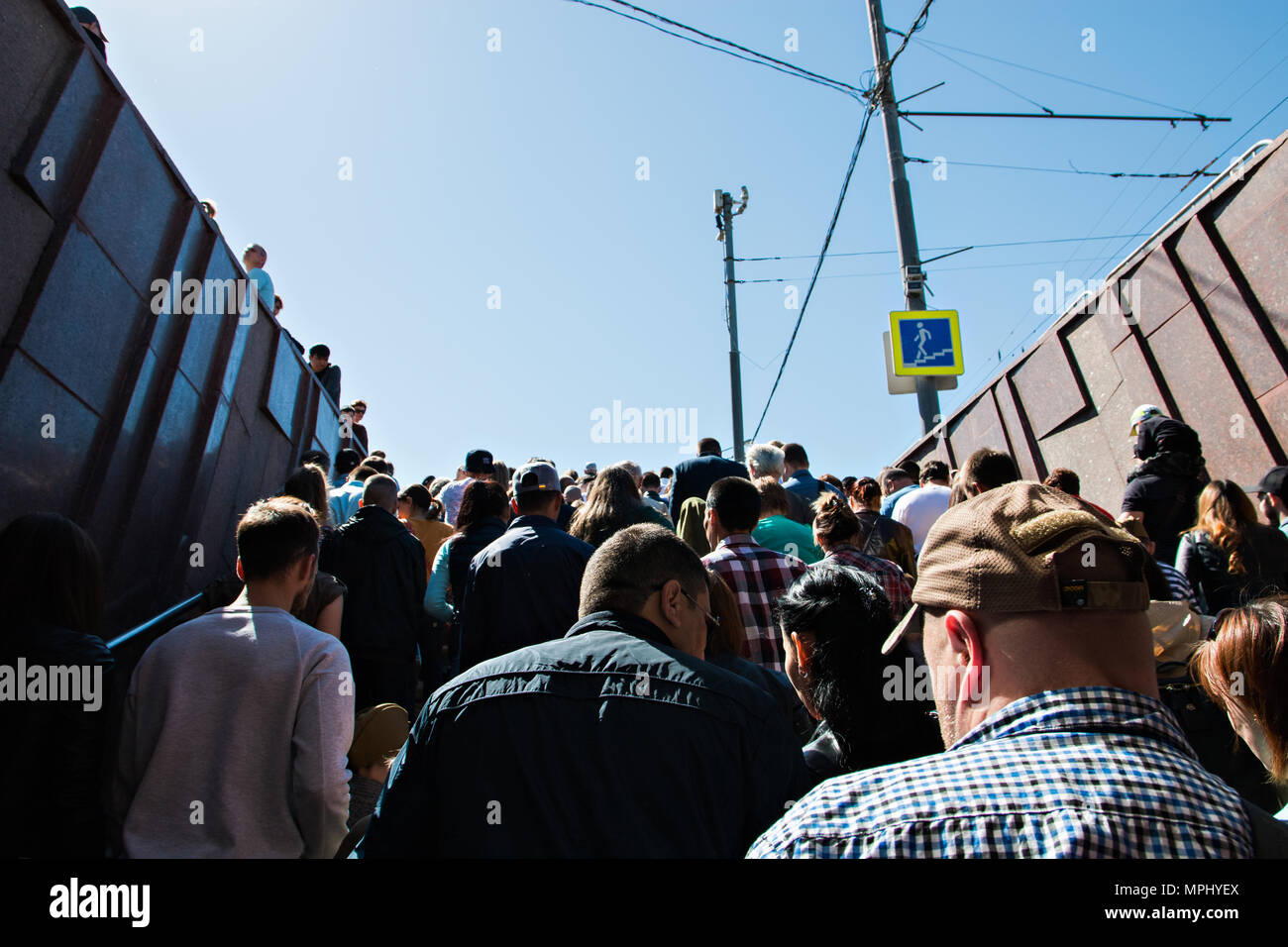 Moscow, Russia May 9, 2018: a crowd of people coming out of the subway ...