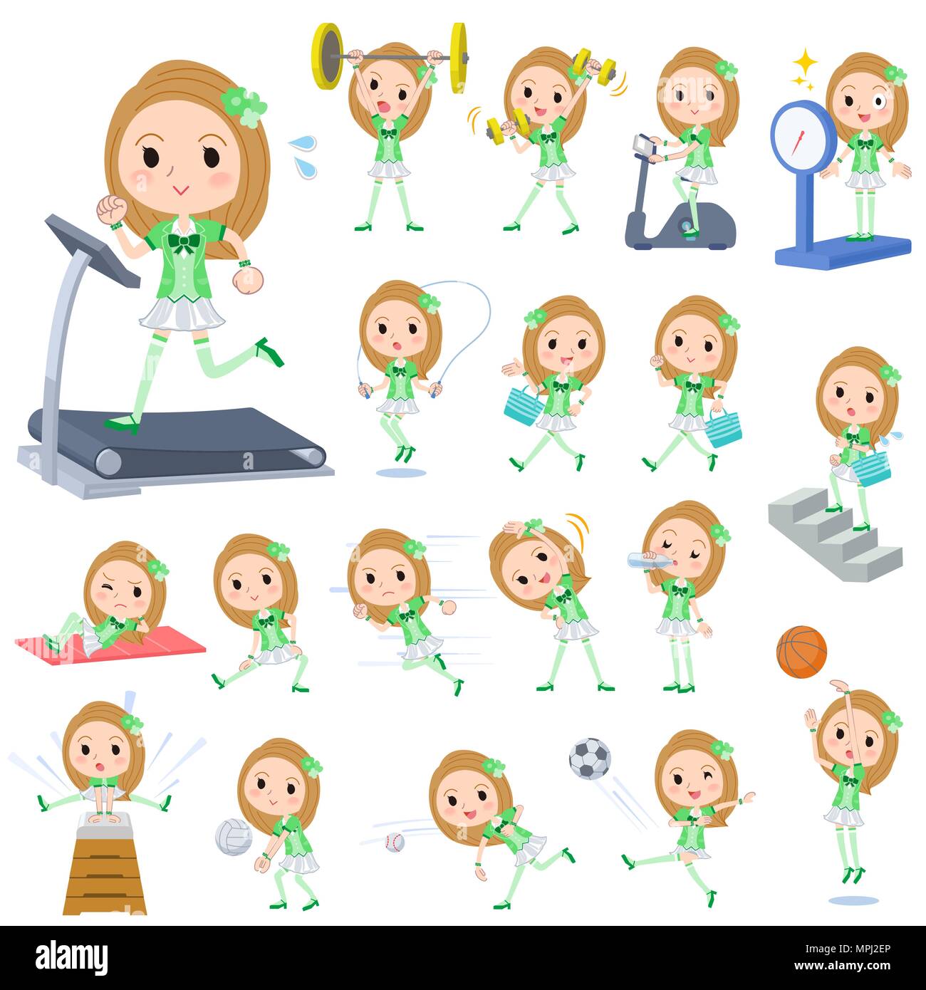 Set of various poses of Pop idol in green costume Sports & exercise ...