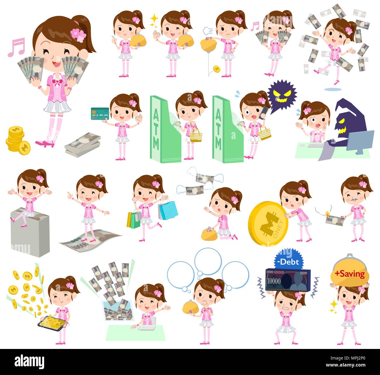 Set of various poses of Pop idol in pink costume money Stock Vector ...