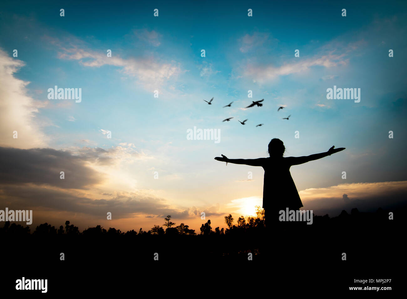 silhouette people showing hand with freedom and success in sun shine ...