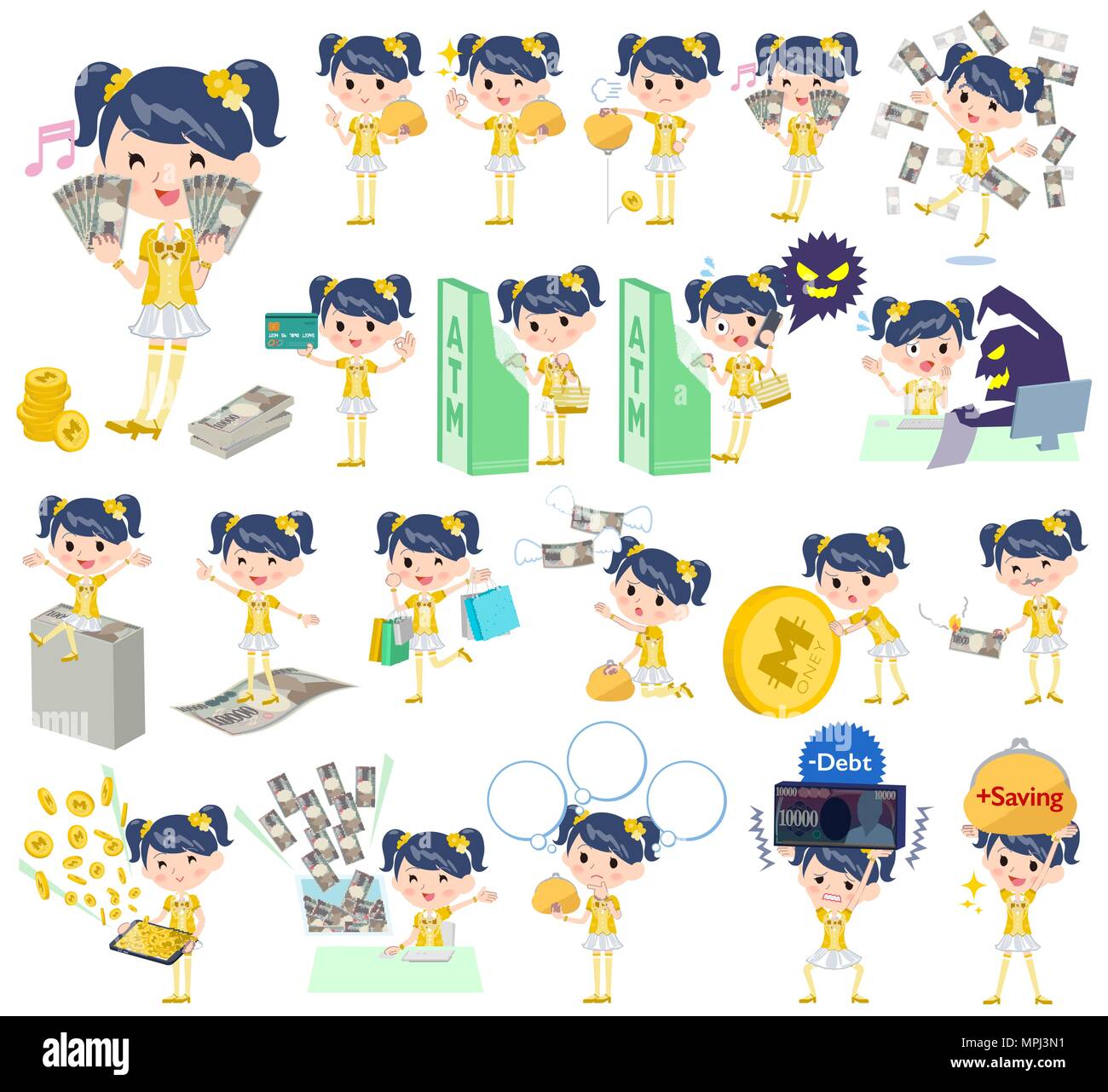 Set of various poses of Pop idol in yellow costume money Stock Vector ...