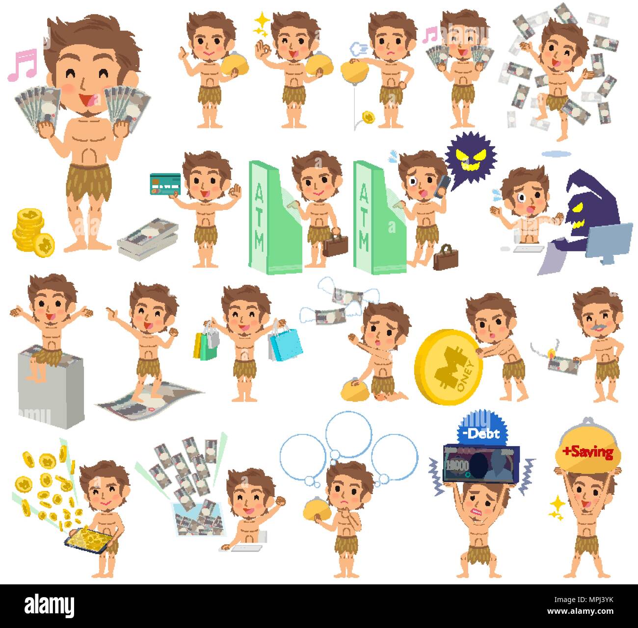 Set of various poses of Primitive man loincloth style money Stock ...