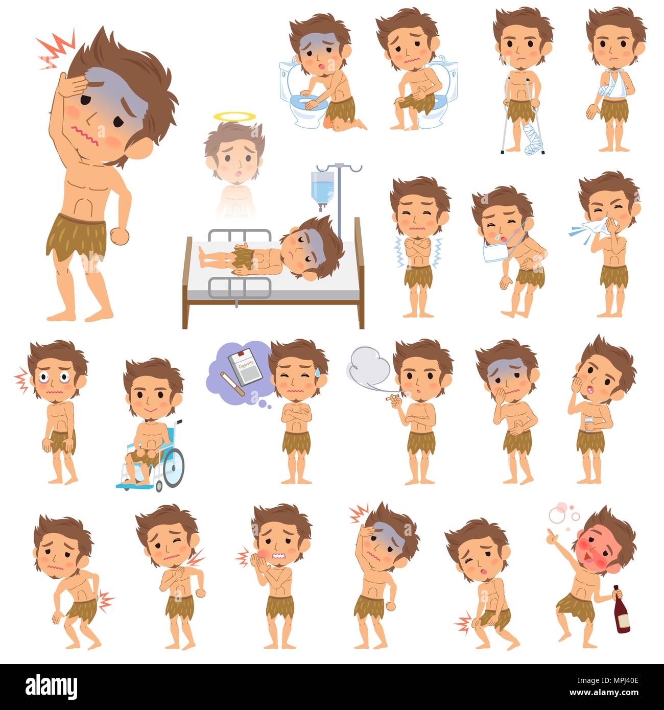 Set of various poses of Primitive man loincloth style sickness Stock ...