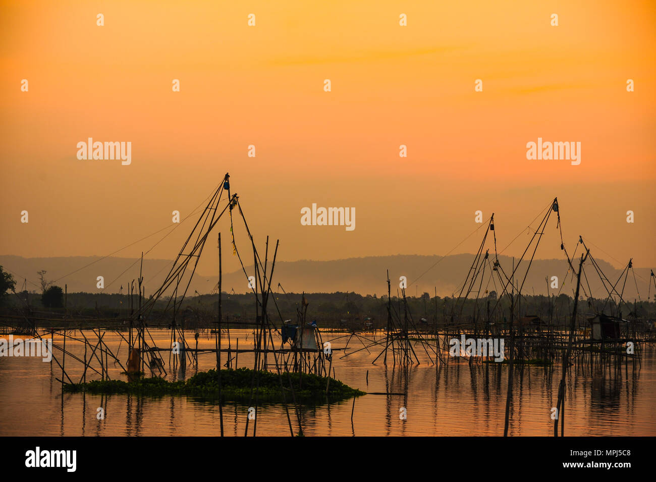 Traditional bamboo and wooden fishing tools installed in rural swamp ...
