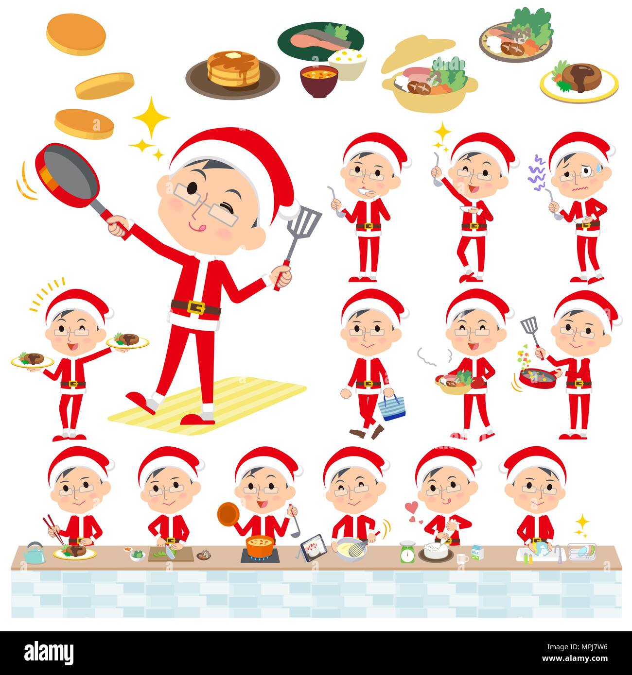Set of various poses of Santa Claus Costume dad cooking Stock Vector ...
