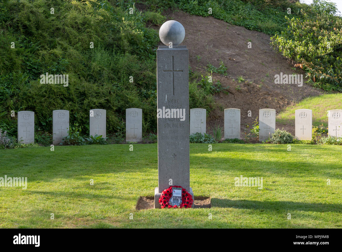 German memorial to the "Royal" Middlesex Regiment surrounded by a ...