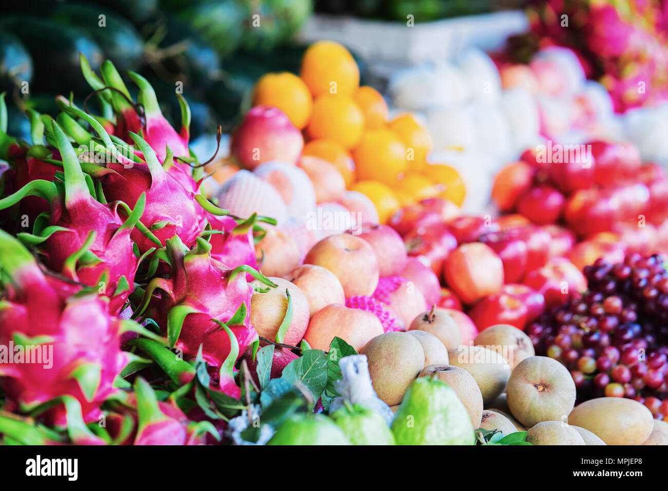 Dragon fruit on display in the street market in old city of Hoi An ...