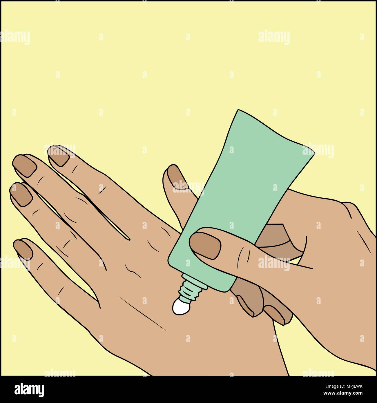 vector illustration. woman use cream for hands on yellow background ...