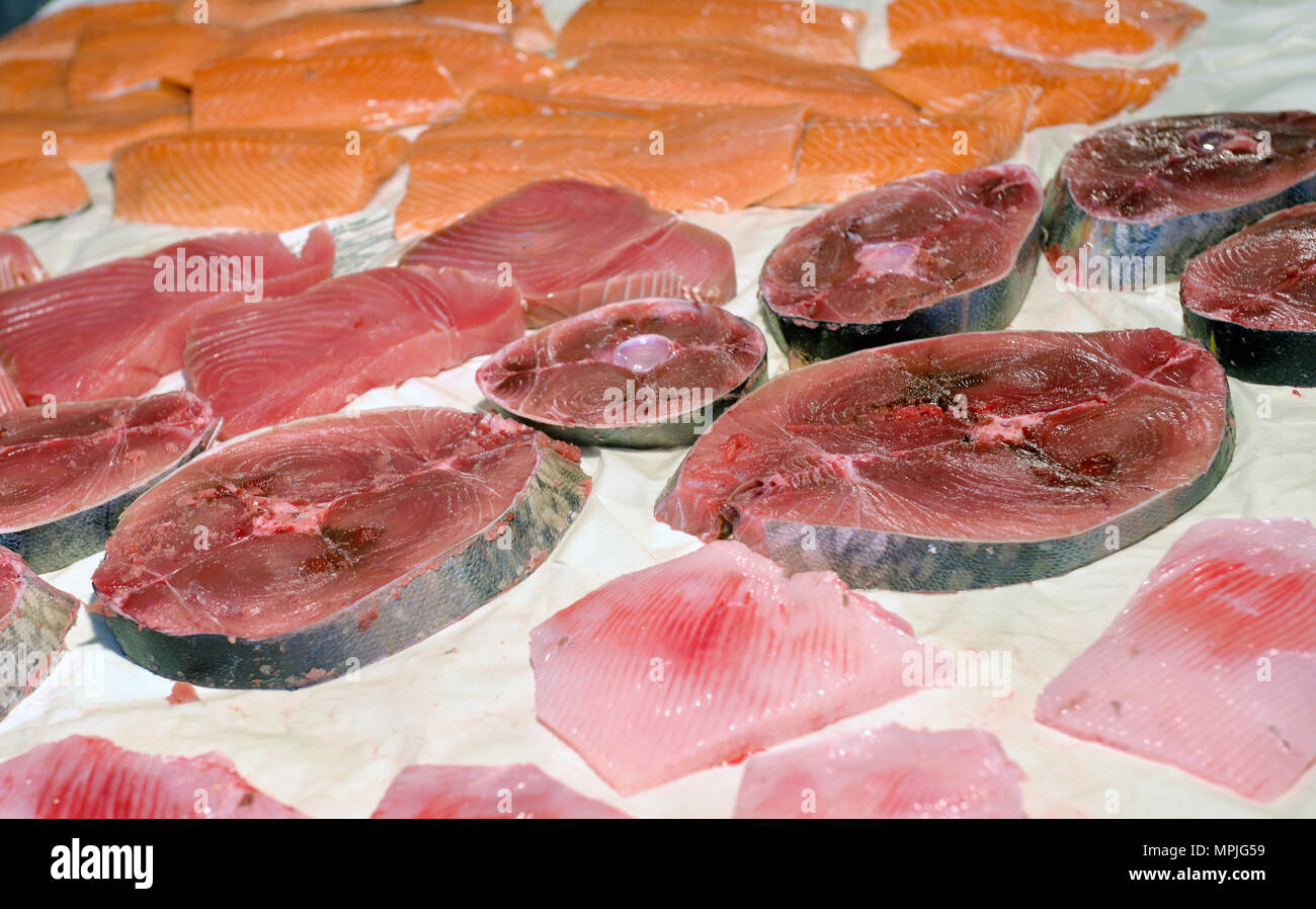 steaks fresh tuna on display fish market Stock Photo - Alamy