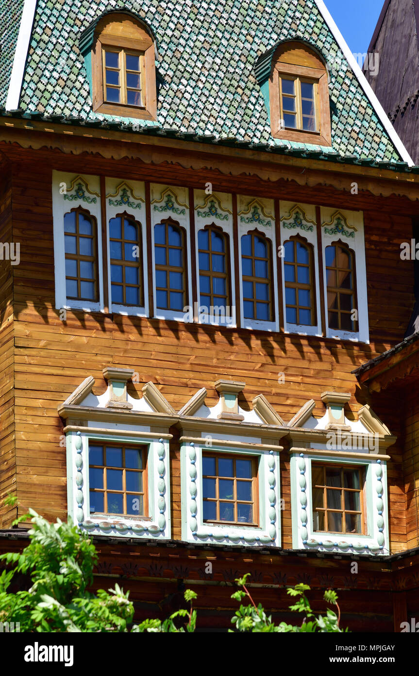 Moscow, Russia - May 22. 2018. carved windows in mansion of Tsar Alexei ...