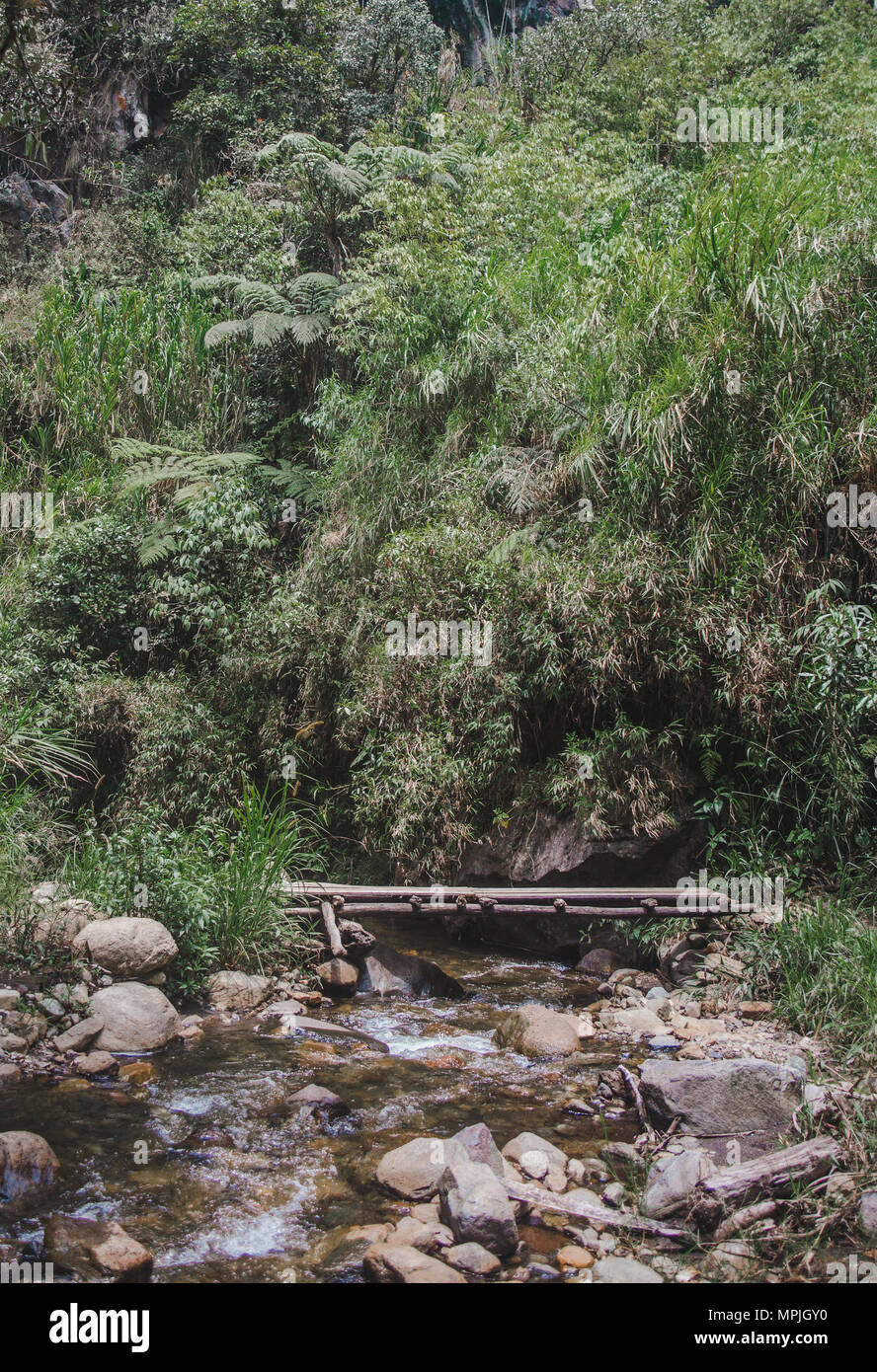 Small wooden bridge over a river leading to a waterfall on the famous ...
