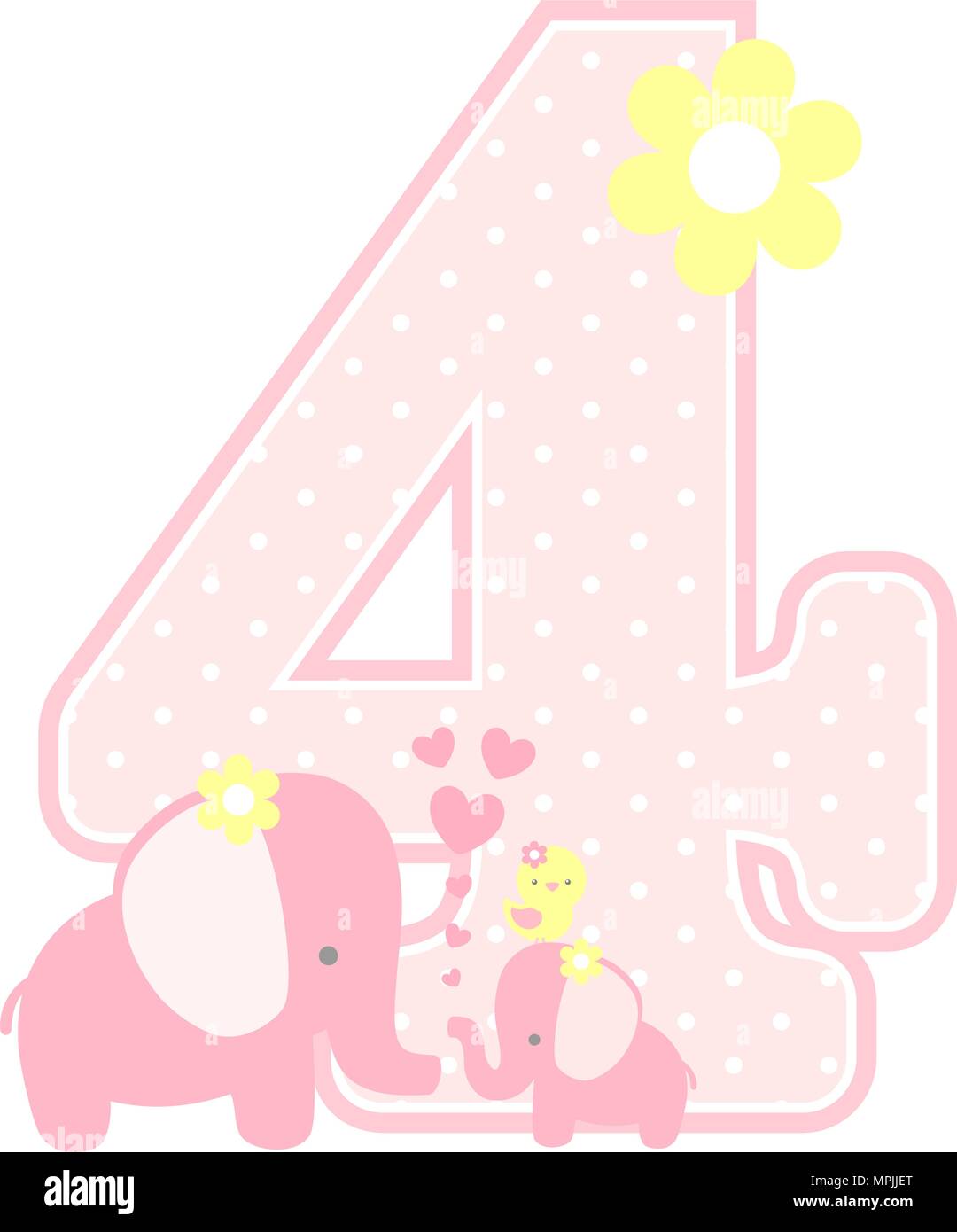 number 4 with cute elephant and little baby elephant isolated on white ...