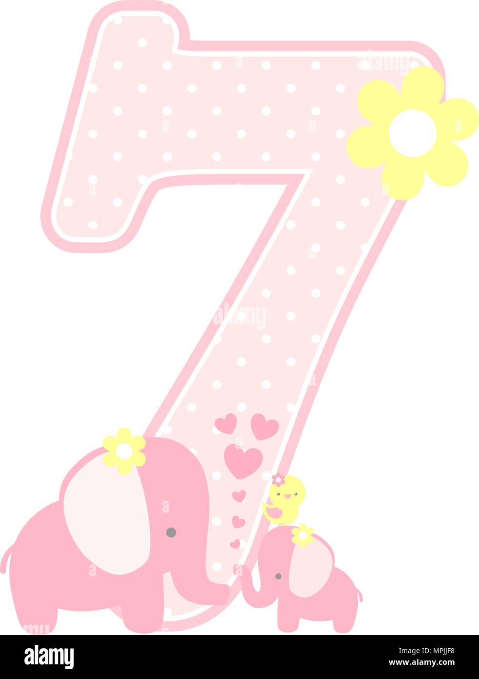 number 7 with cute elephant and little baby elephant isolated on white ...