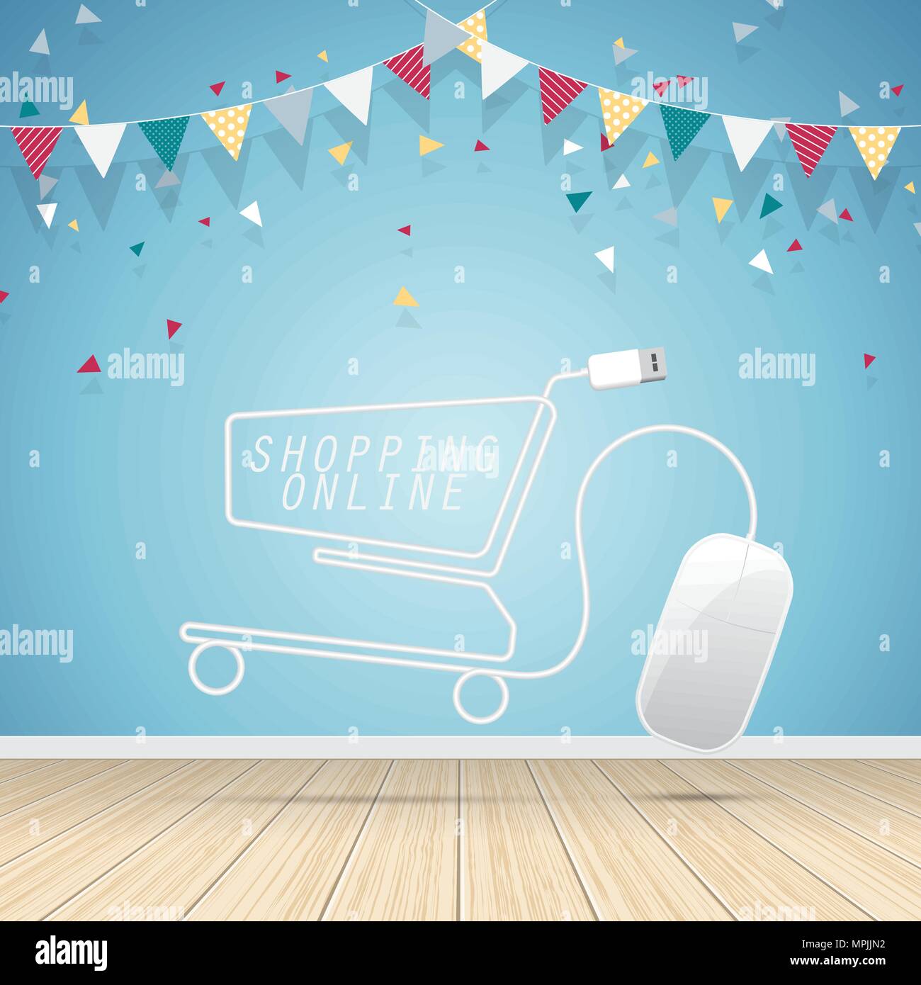 Computer mouse shopping cart with blue wall on wooden floor. Concept ...