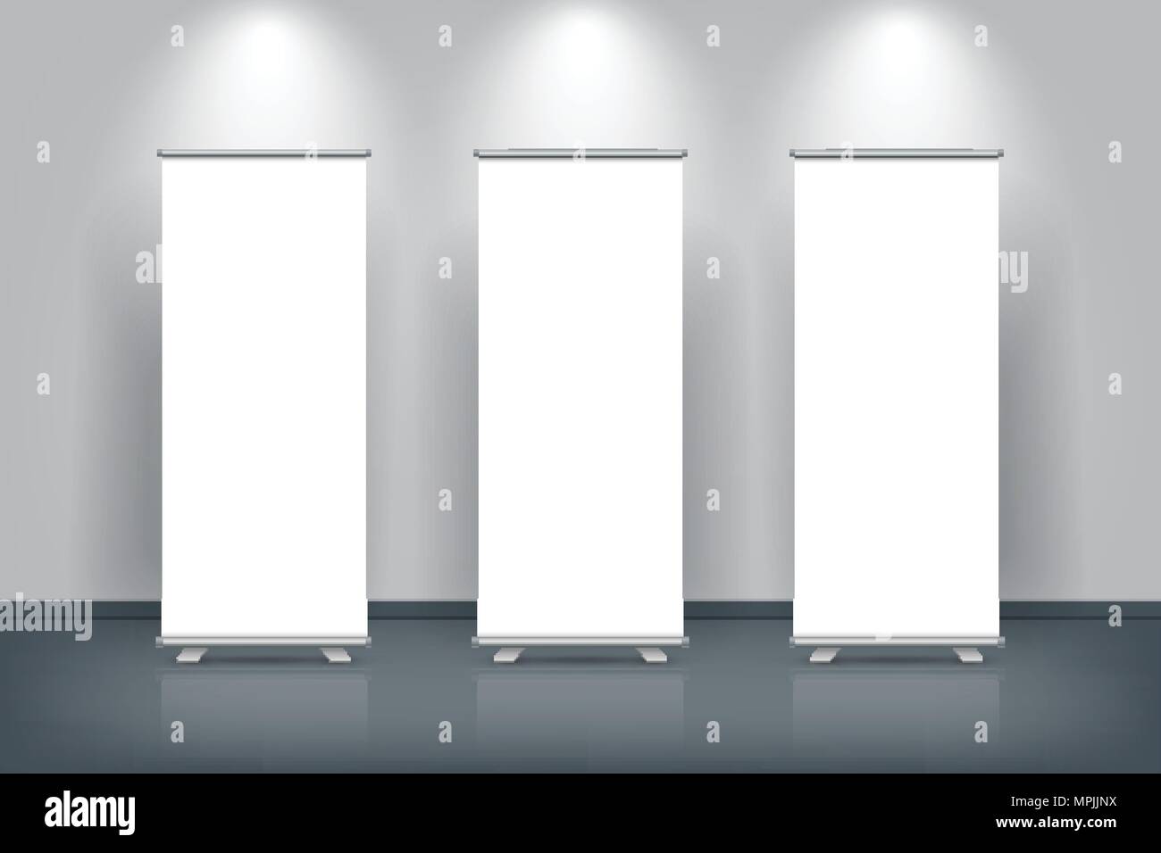 Three White blank vertical roll up banner in gallary room. Vector ...