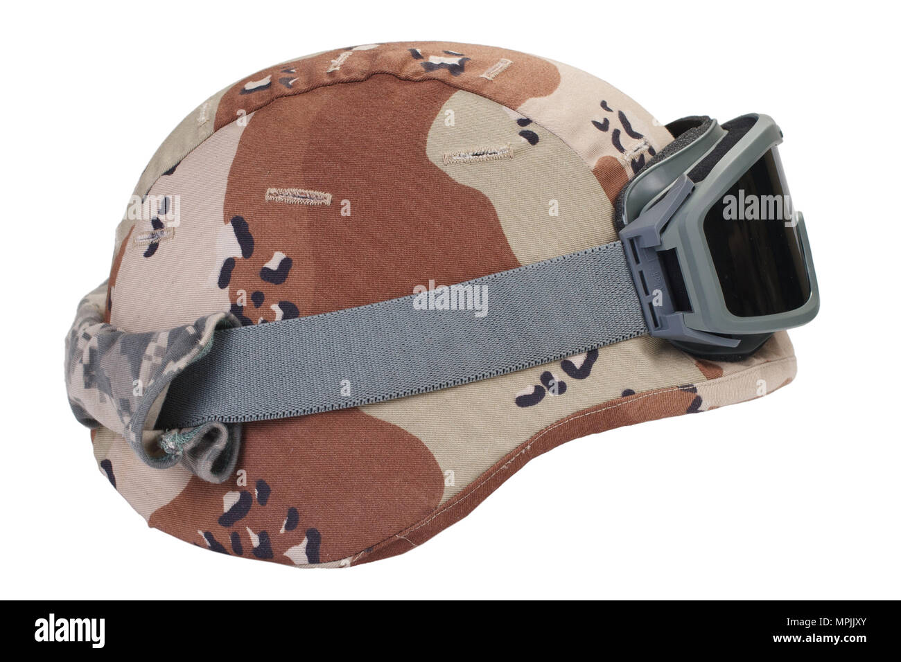 kevlar helmet with a camouflage cover and protective goggles isolated ...