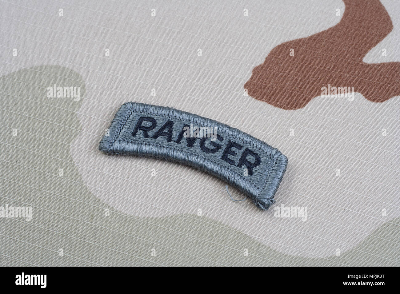 KIEV, UKRAINE - May 18, 2015. US ARMY ranger tab on camouflage uniform ...