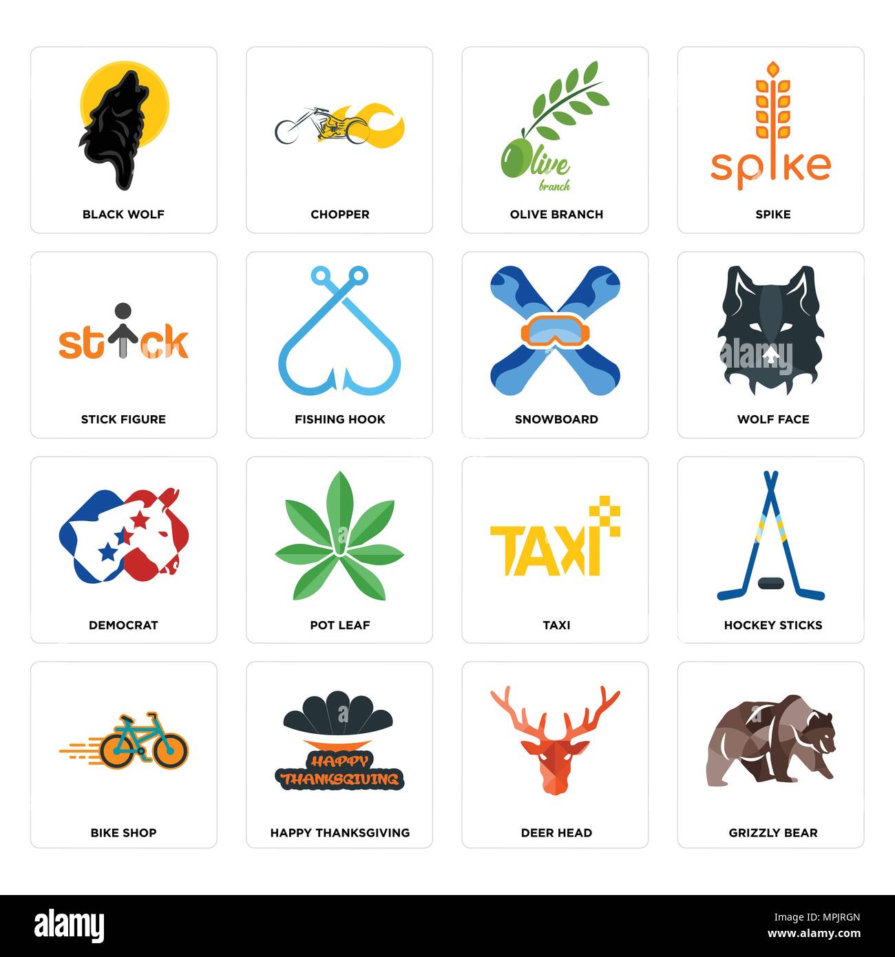 Set Of 16 simple editable icons such as grizzly bear, deer head, happy ...