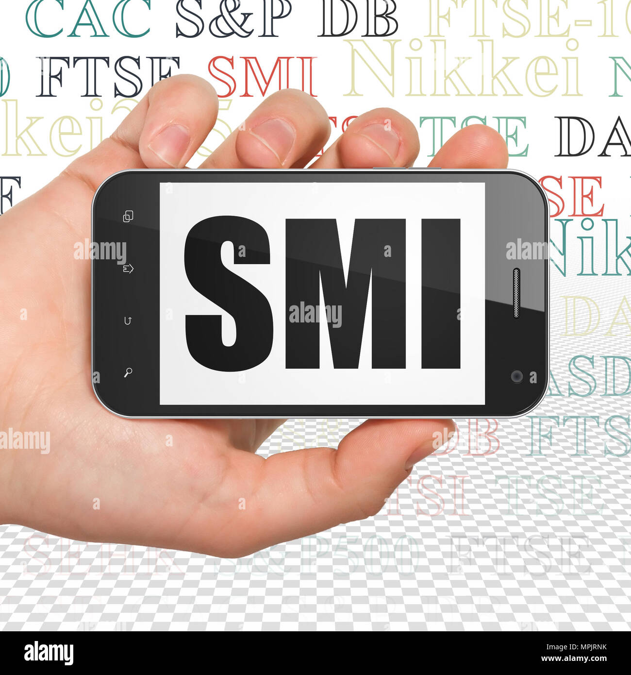 Stock market indexes concept: Hand Holding Smartphone with SMI on ...
