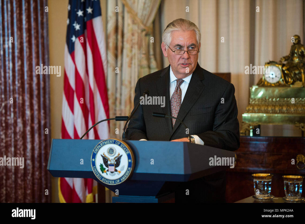 Secretary of State Rex Tillerson speaks during a meeting for the Global ...