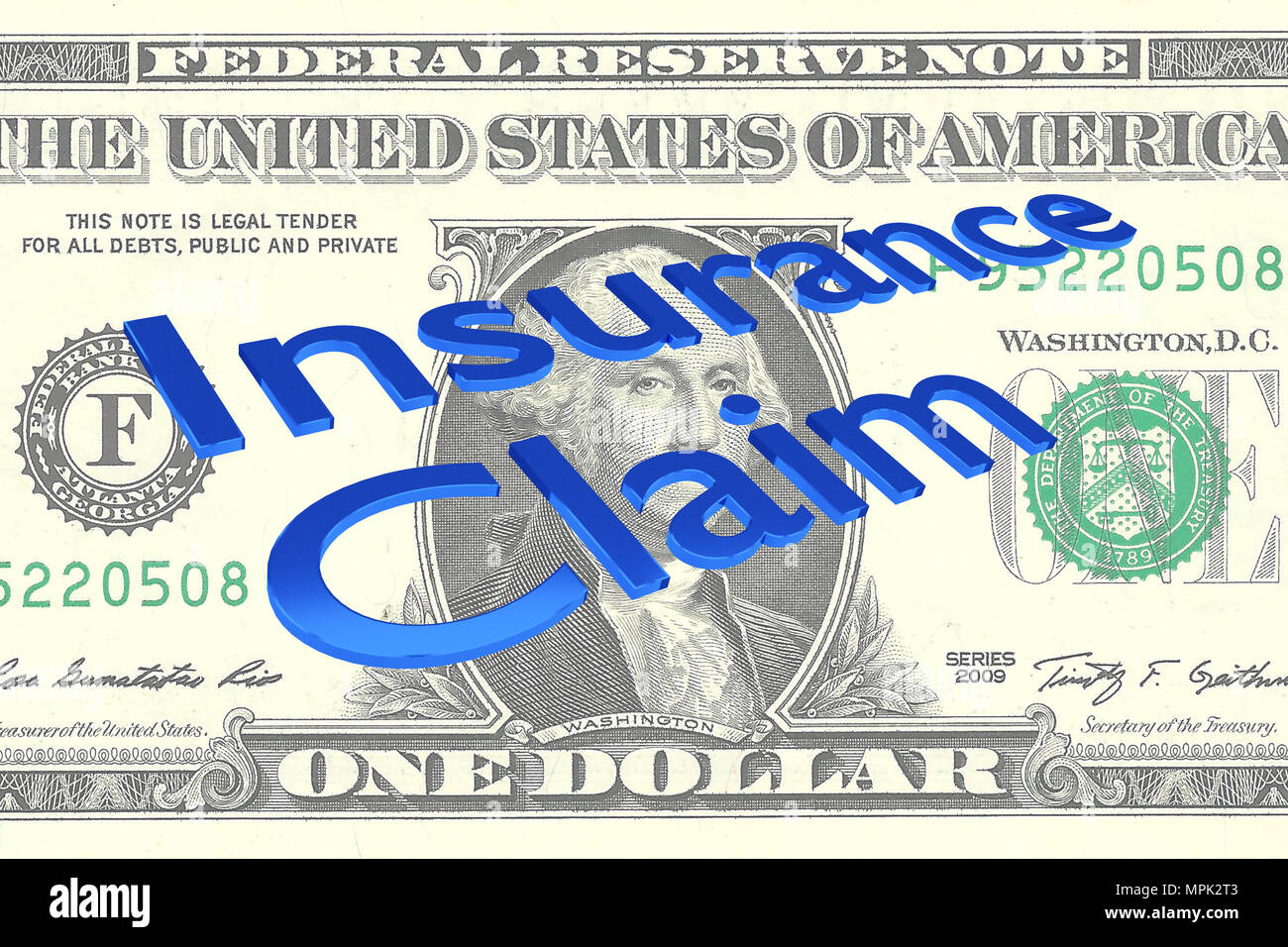 3D illustration of Insurance Claim title on Dollar bill as a background ...
