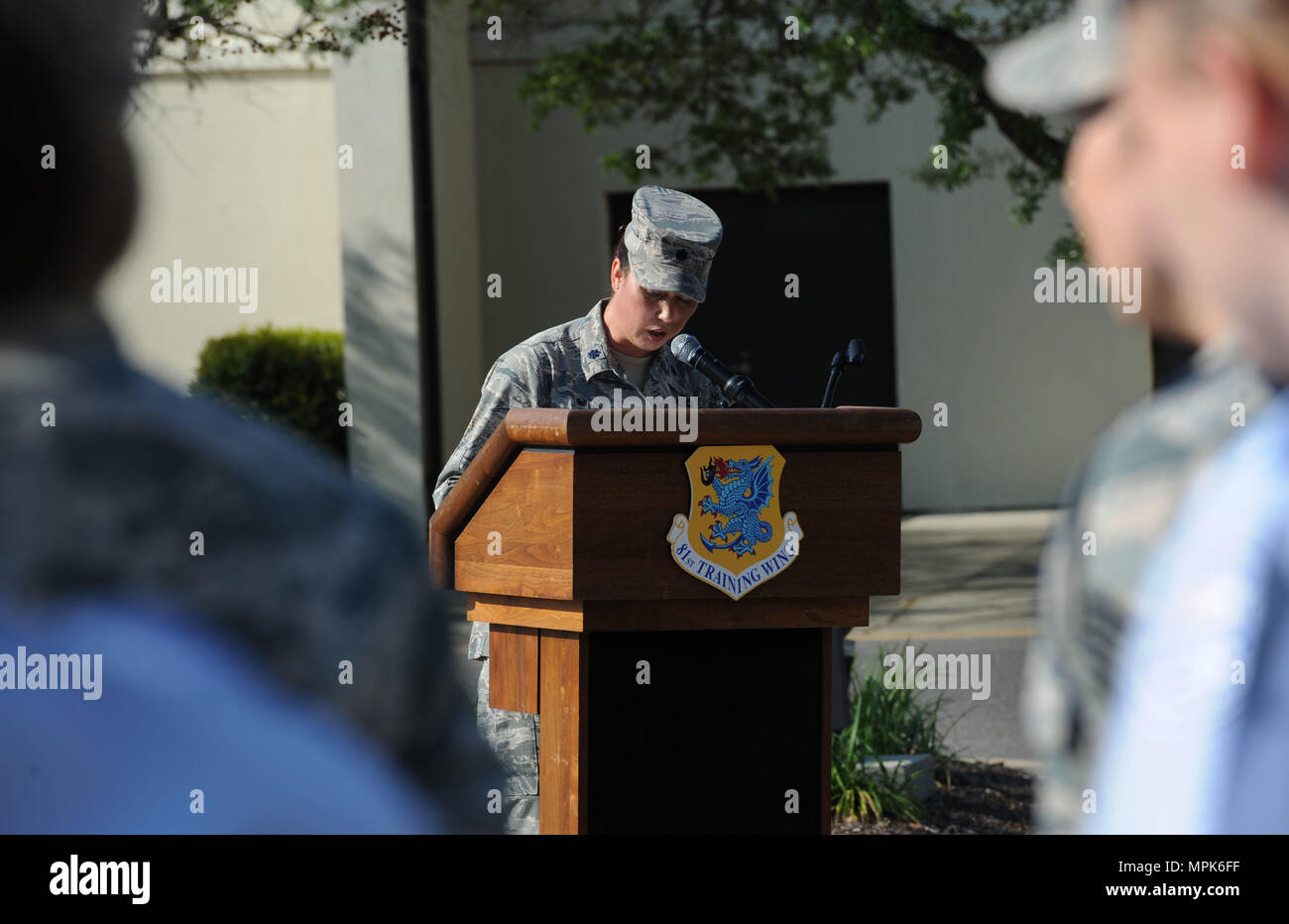 Lt. Col. Elizabeth Aptekar, 335th Training Squadron commander, delivers ...